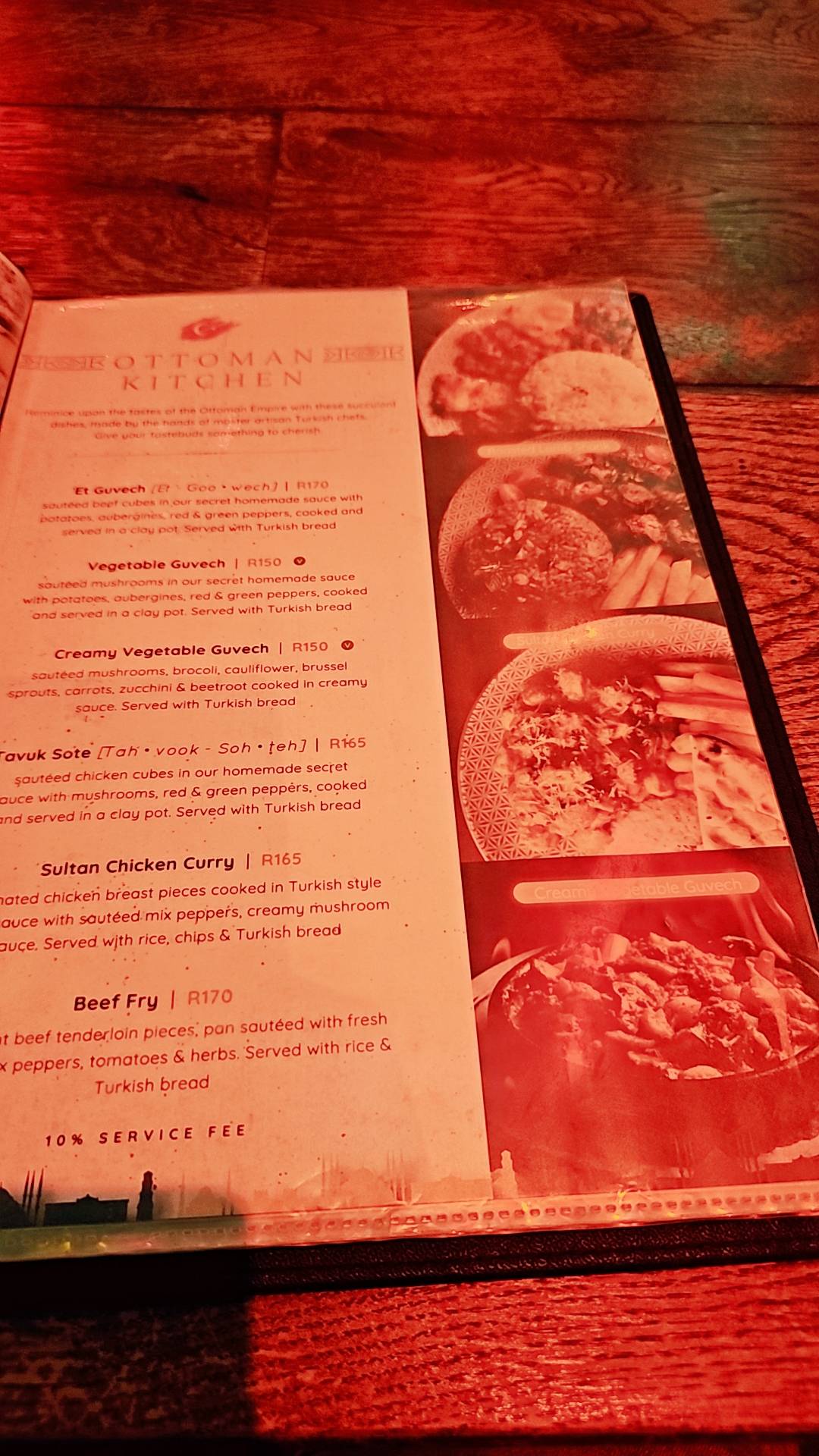 Menu at Ala Turkish restaurant, Cape Town