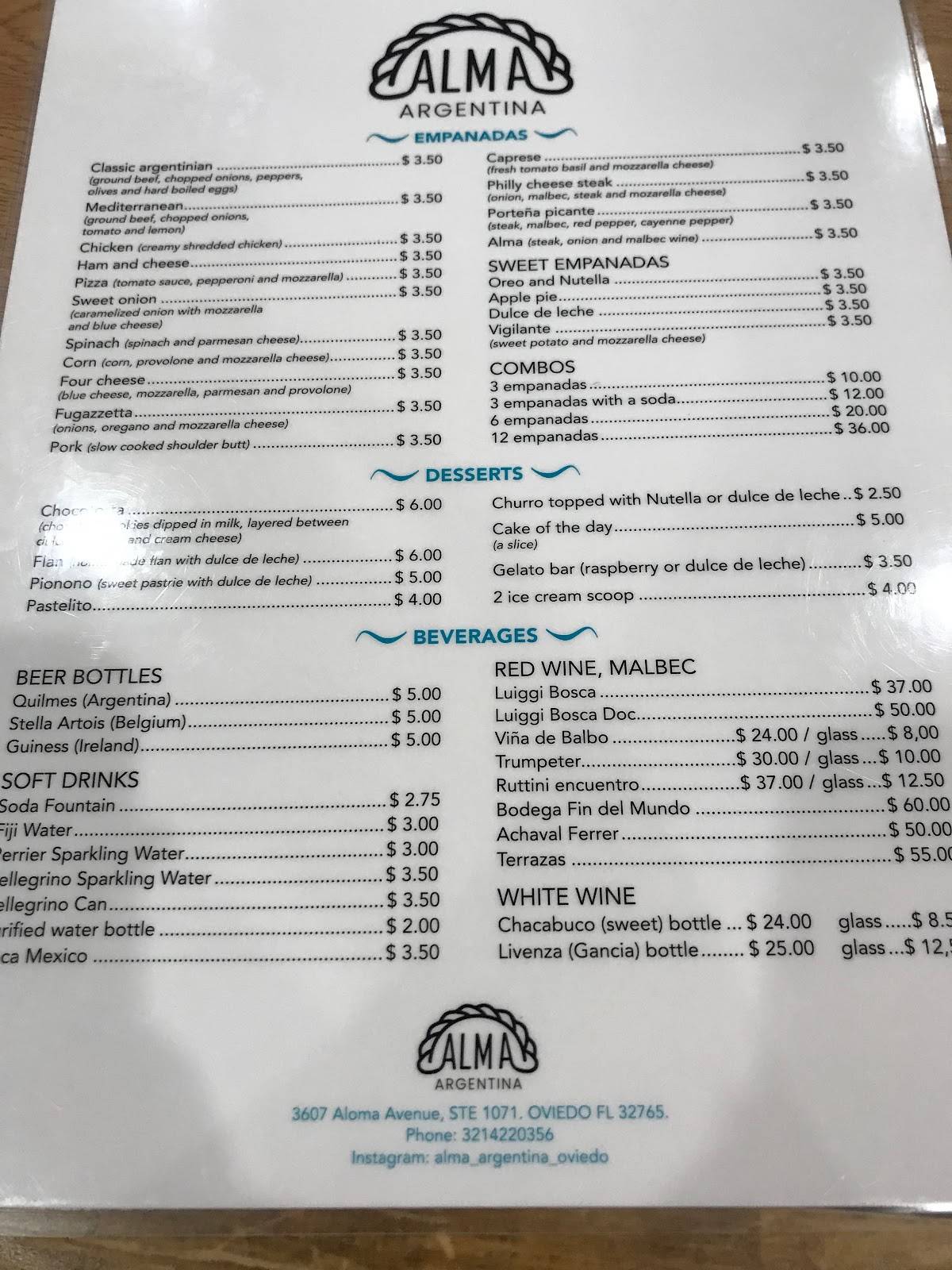 Menu at Alma Argentina restaurant, Oviedo, Aloma Ave Unit 107
