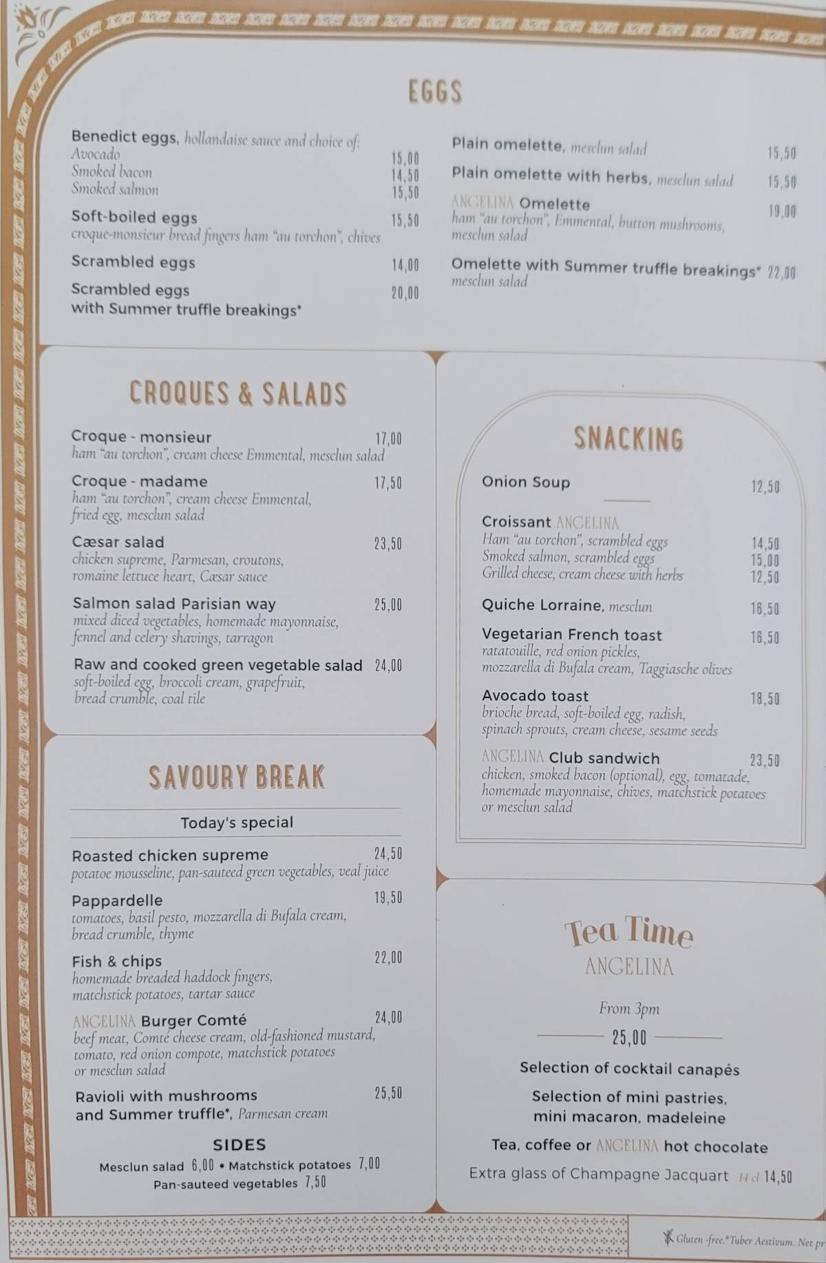Menu au Angelina Paris restaurant, Paris, 226 Rue de Rivoli