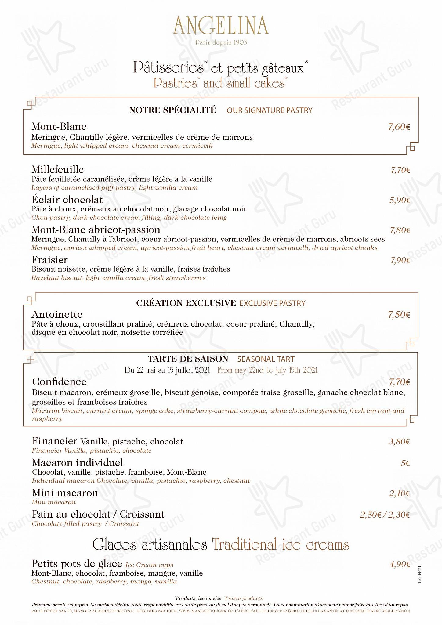 Menu at Angelina Paris restaurant, Versailles, Allée des 2