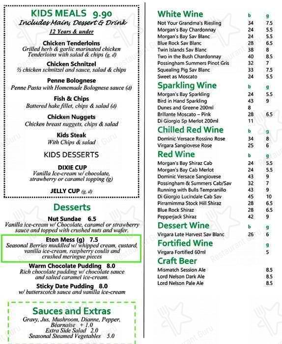 Menu at Angle Vale Tavern restaurant, Angle Vale