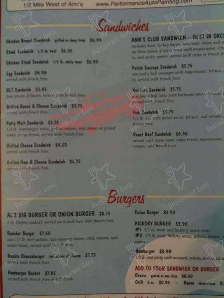 Menu at Ann's Chicken Fry House & Gift Shop restaurant, Oklahoma City