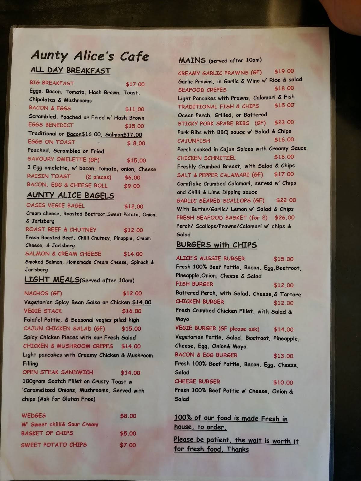 Menu at Aunty Alice's Café restaurant, Russell Island