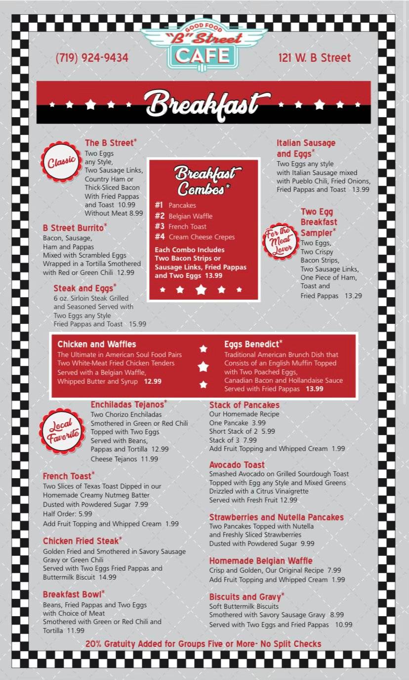 Menu at B Street Cafe, Pueblo