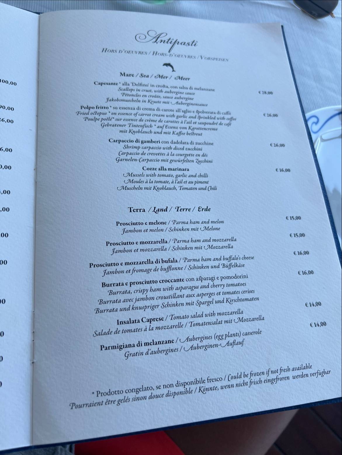 Menu at Bagni Delfino restaurant, Sorrento