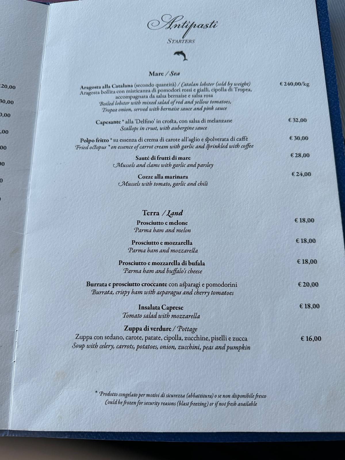 Menu at Bagni Delfino restaurant, Sorrento