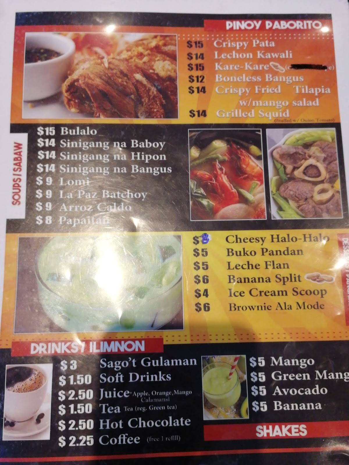 Menu at Bella's Inasal restaurant, Mississauga