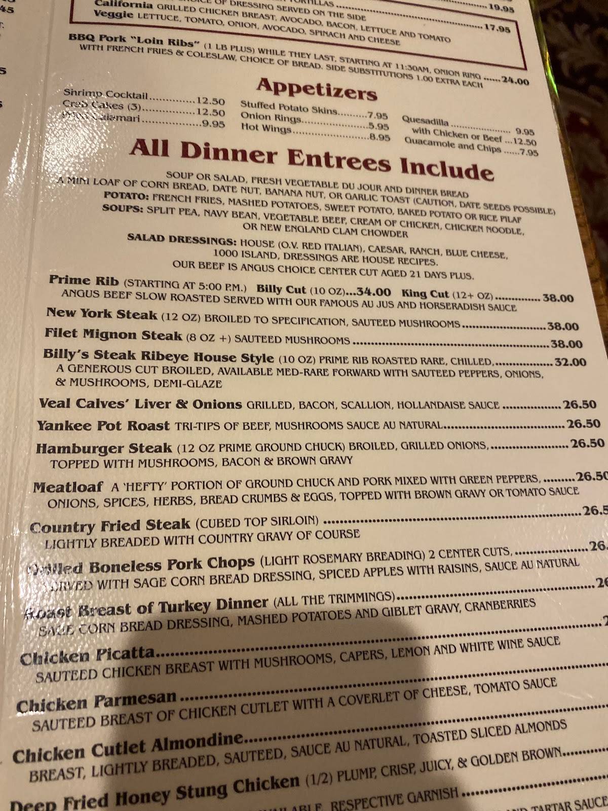 Menu at Billy Reed's Palm Springs restaurant, Palm Springs