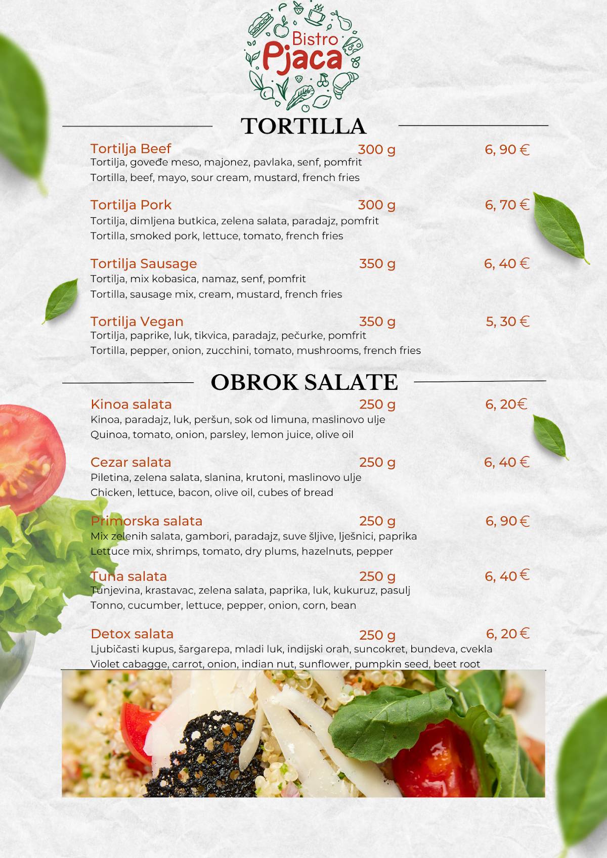 Menu at Bistro Pjaca restaurant, Tivat