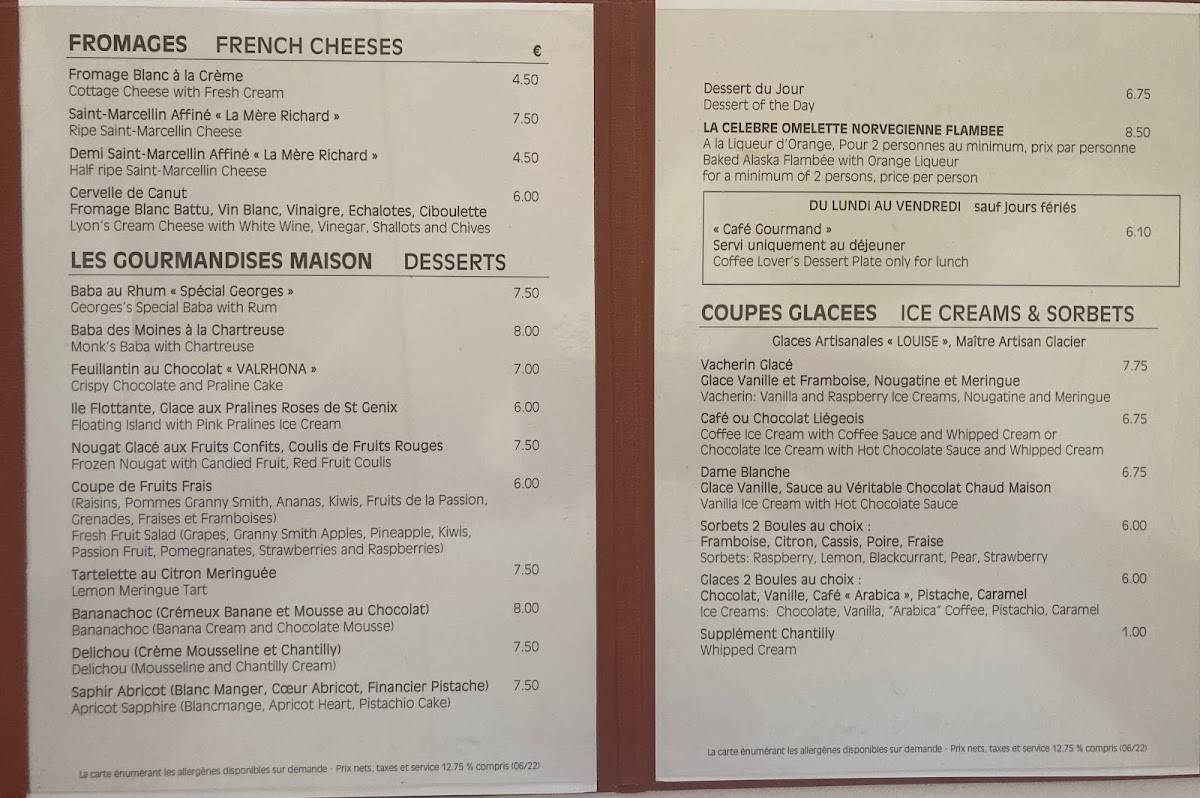 Menu au Brasserie Georges restaurant, Lyon