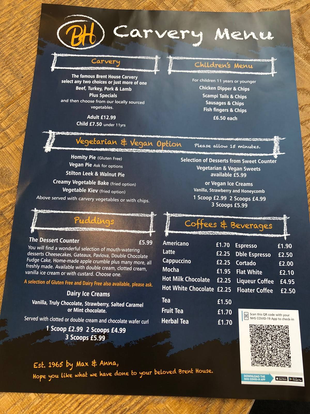 Menu at Brent House Carvery restaurant, Highbridge