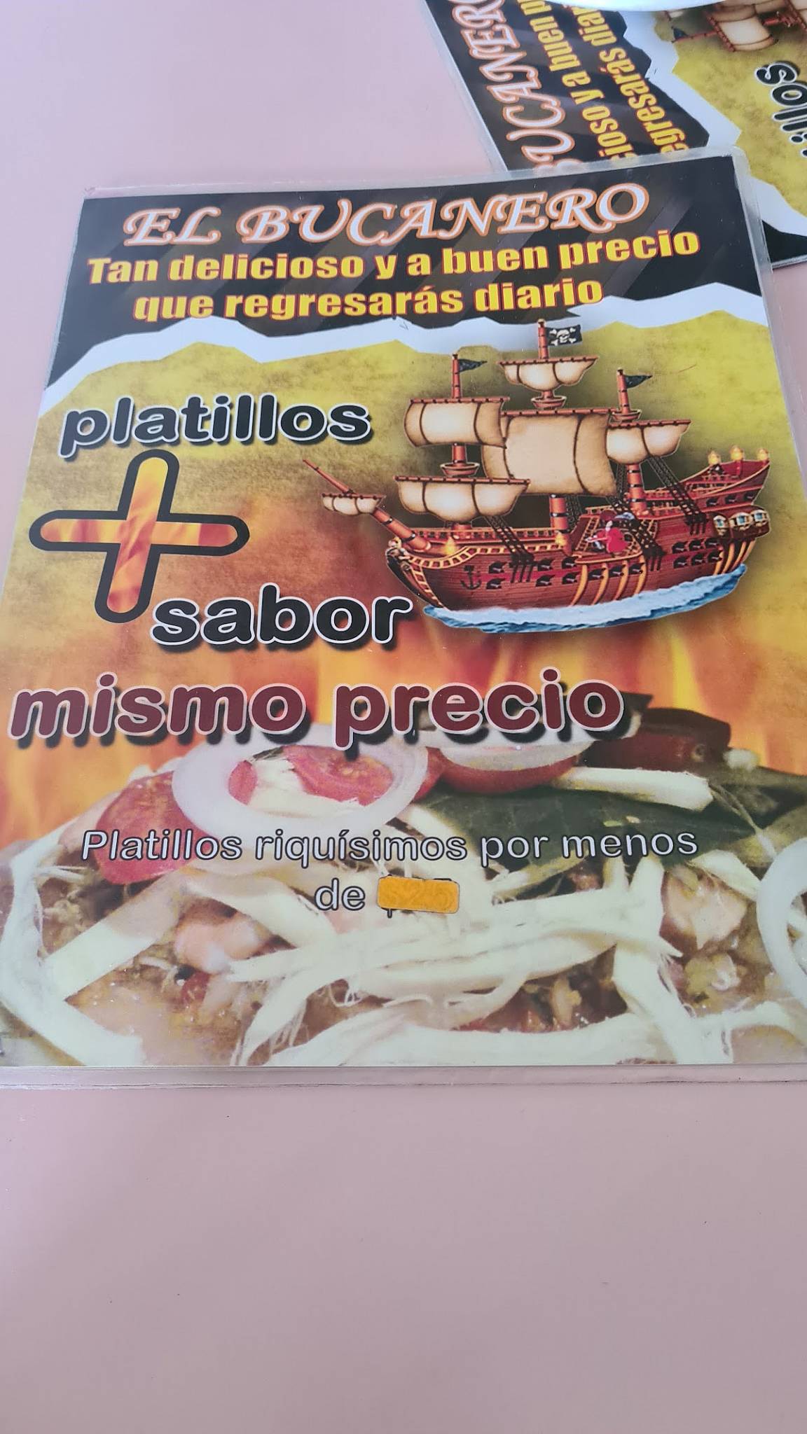 Menu at Bucanero restaurant, Mexico City, Canal de Tezontle 524