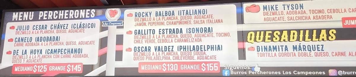 Carta del restaurante Burros percherones Los Campeones, Hermosillo