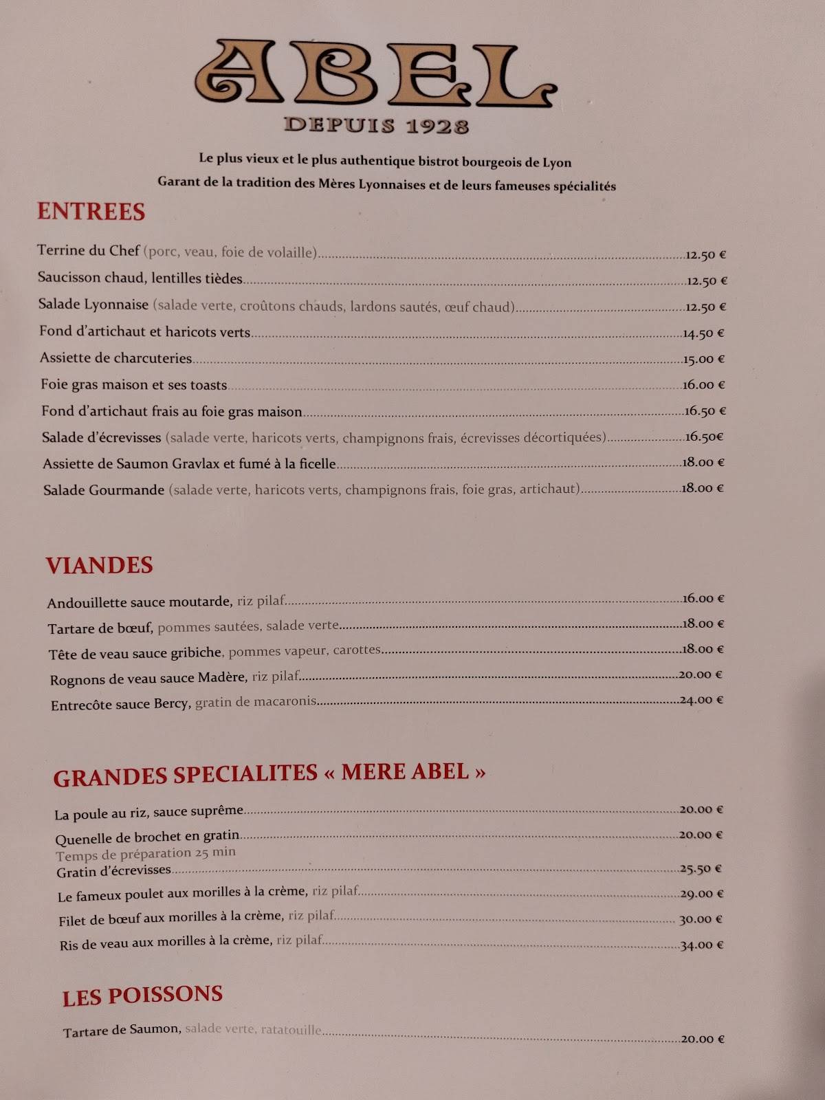 Menu at Café Comptoir Abel, Lyon
