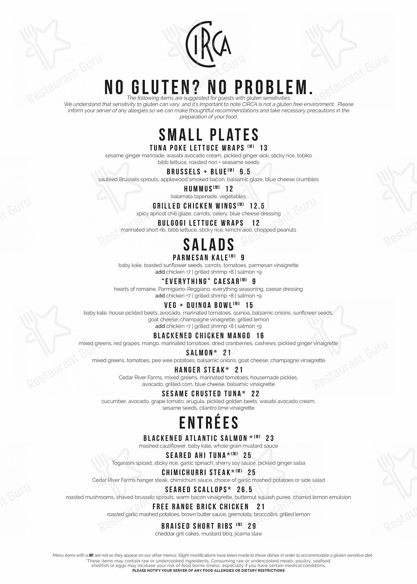 Menu at CIRCA at Navy Yard restaurant, Washington