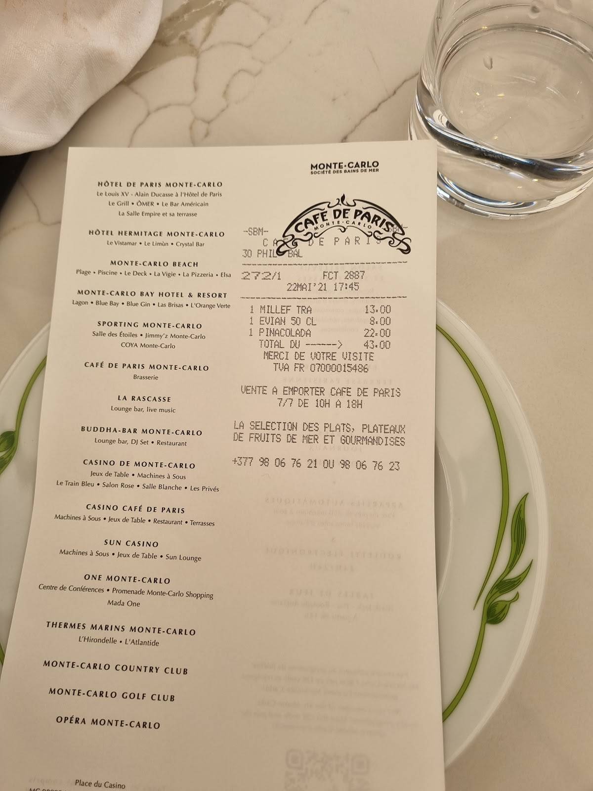 Menu au Le Restaurant Casino Café de Paris, Monaco