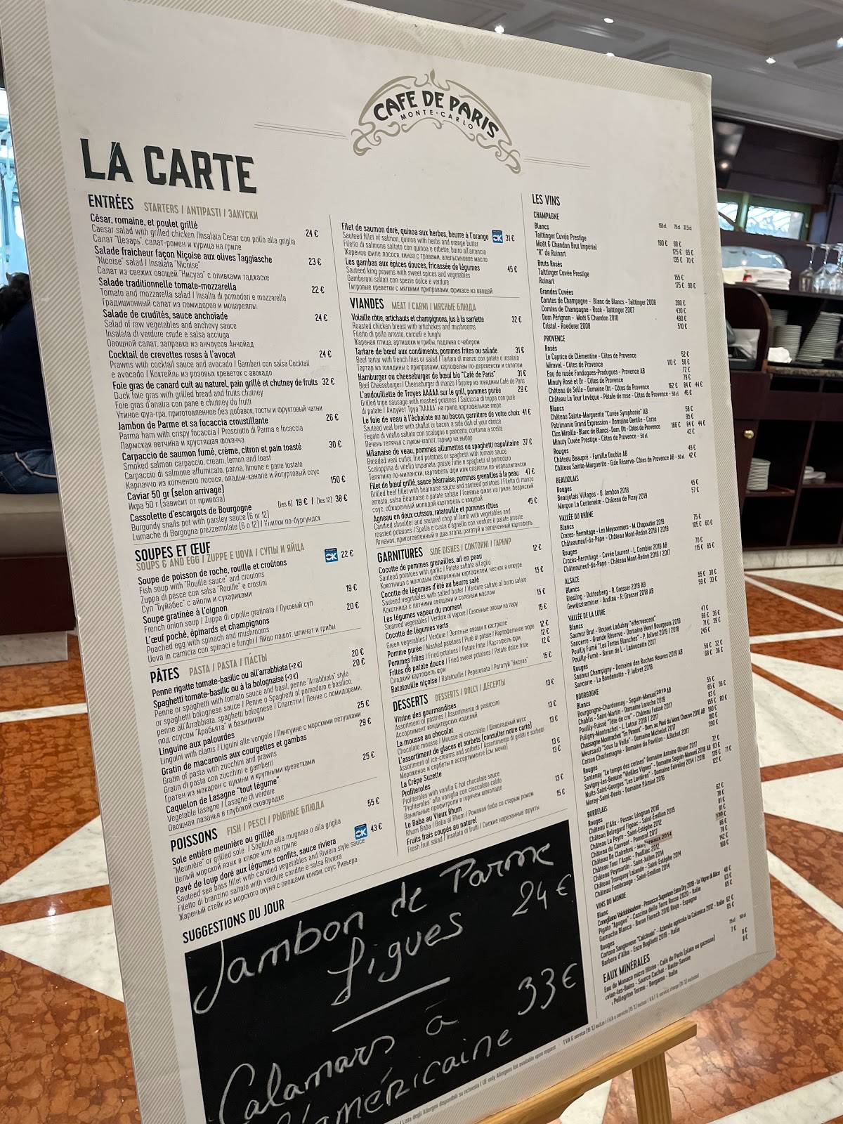 Menu au Le Restaurant Casino Café de Paris, Monaco