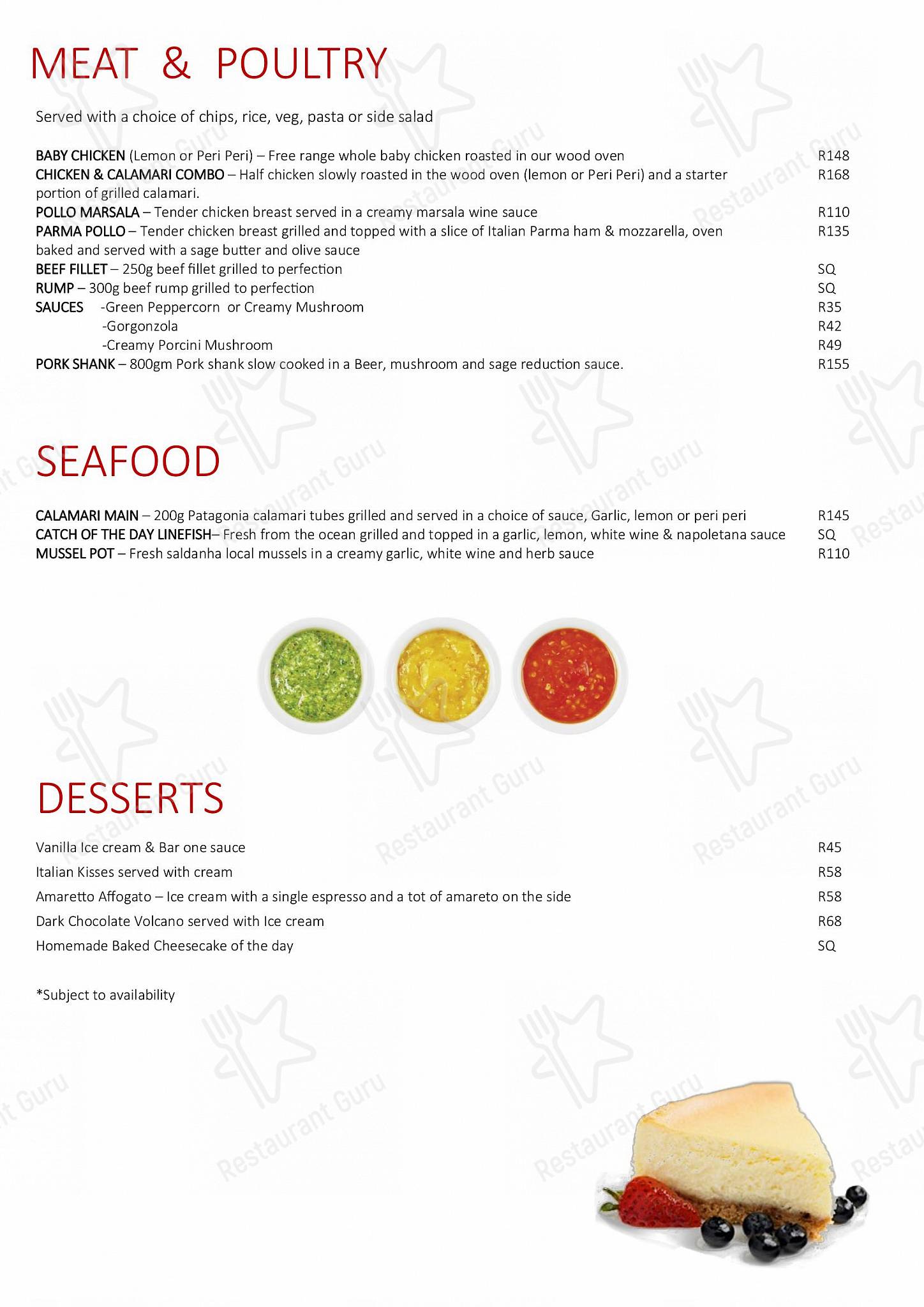 Menu at Caffe Italia restaurant, Durban North