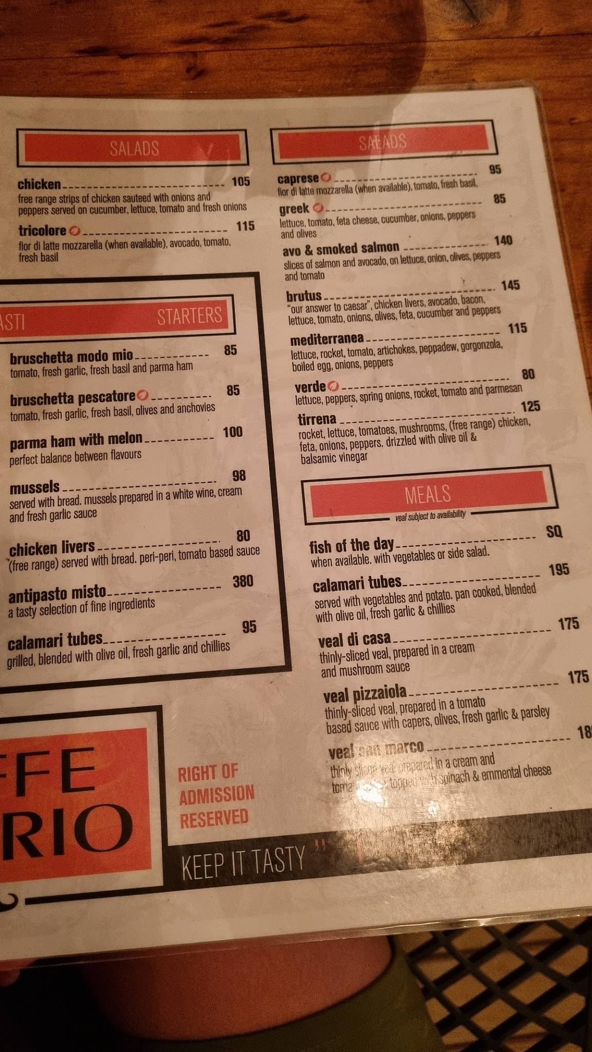 Menu at Caffe Mario Knysna restaurant, Knysna