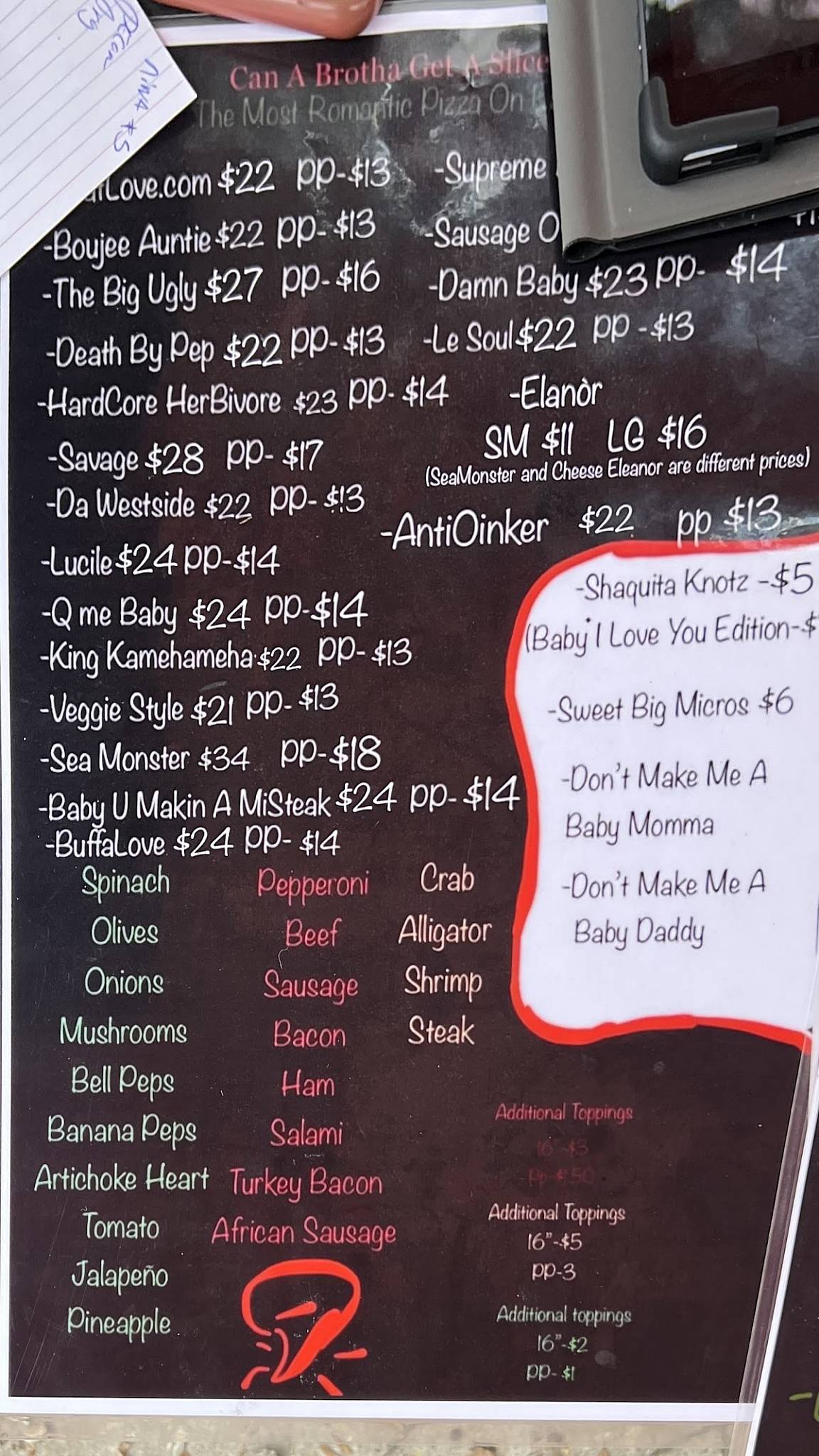 Menu at Can a brotha get a slice restaurant, Montgomery, S Decatur St
