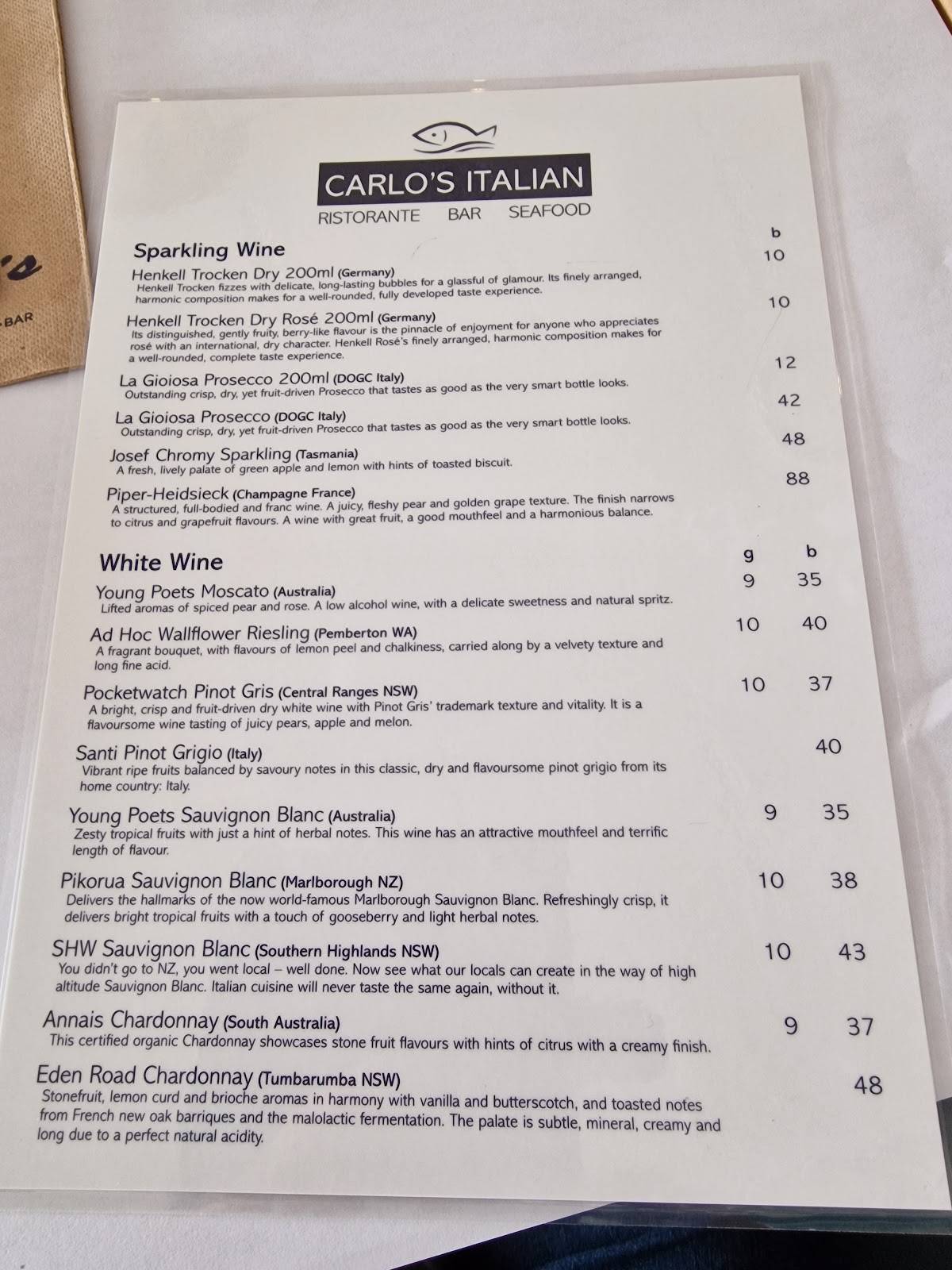 Menu at Carlo's Italian Ristorante Bar & Seafood, Ulladulla