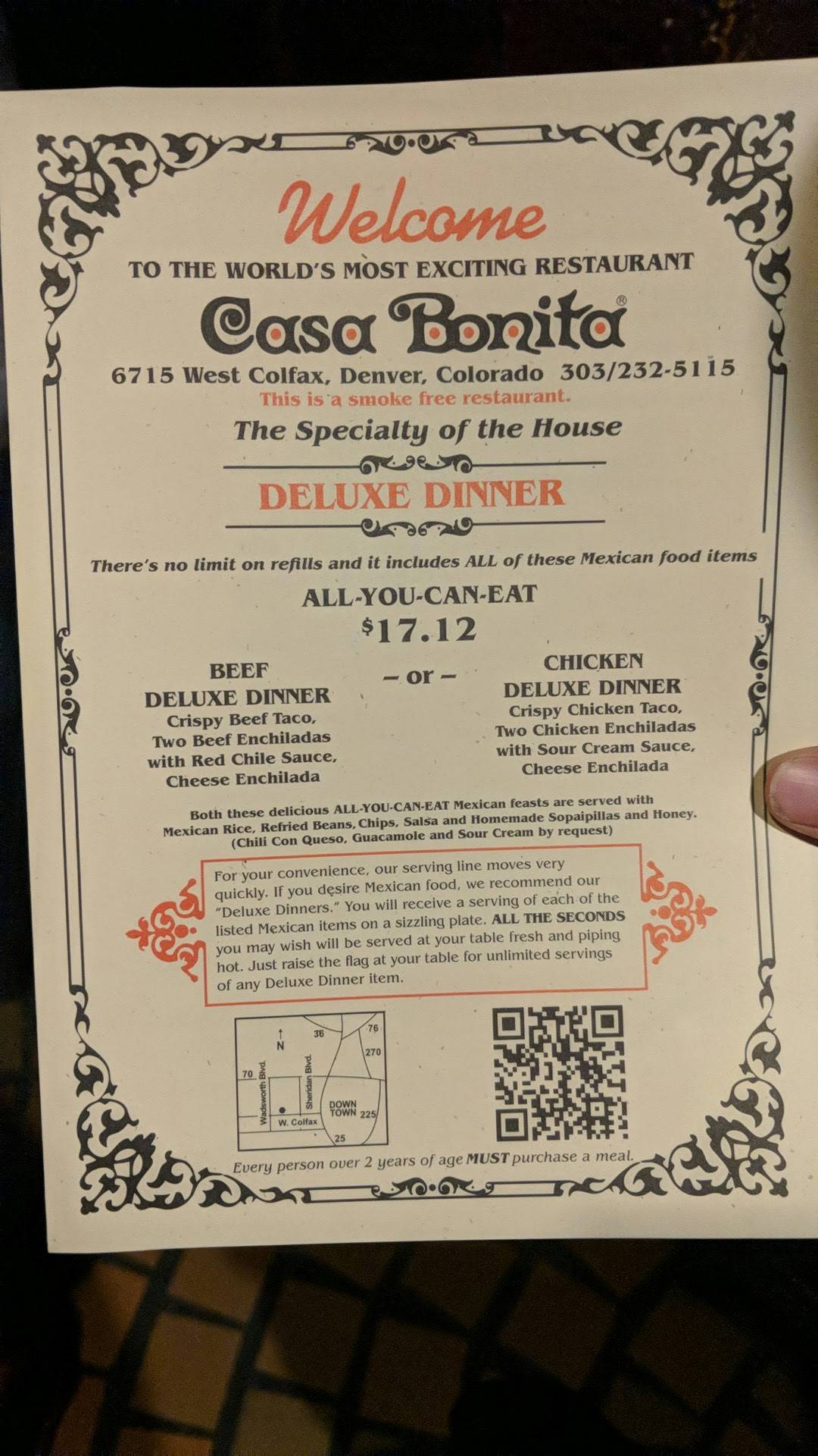 Menu at Casa Bonita restaurant, Lakewood
