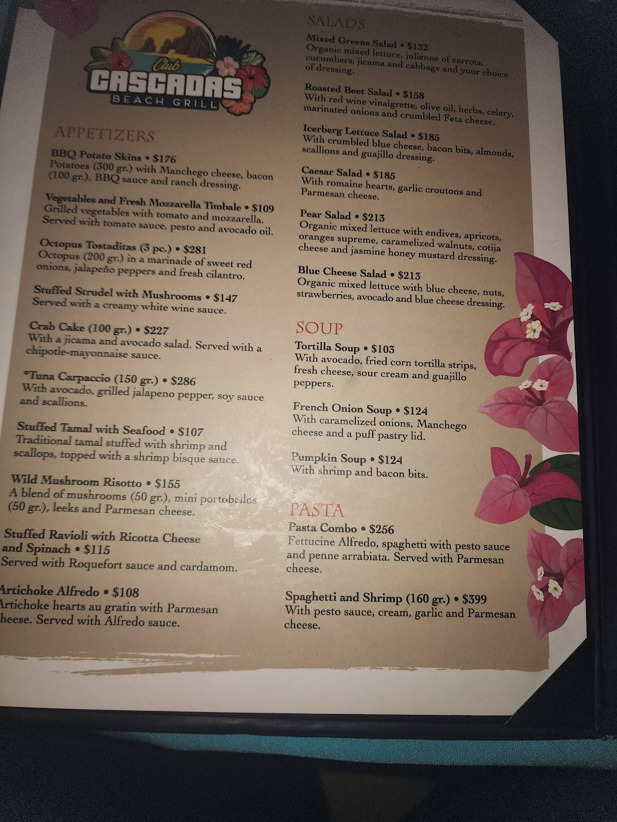 Menu at Cascadas Beach Grill restaurant, Cabo San Lucas, Cam. Viejo a ...