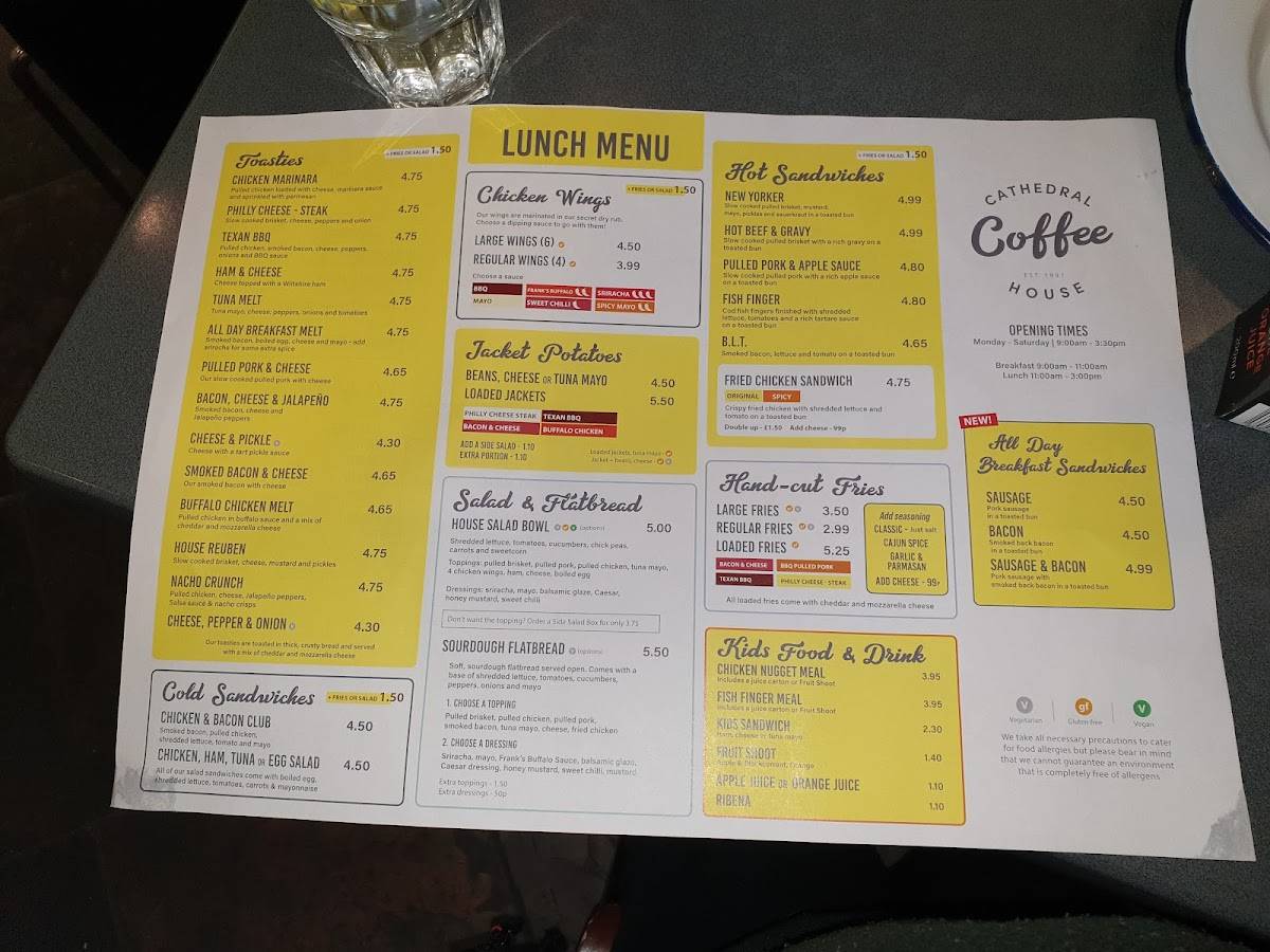 Menu at Cathedral Coffee House, Huddersfield, Cathedral House