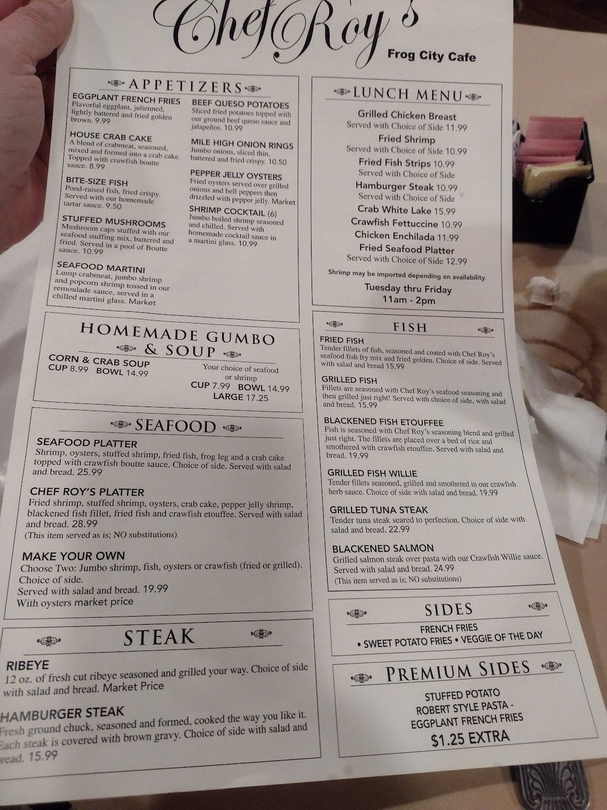 Menu at Chef Roy's Frog City Cafe, Rayne