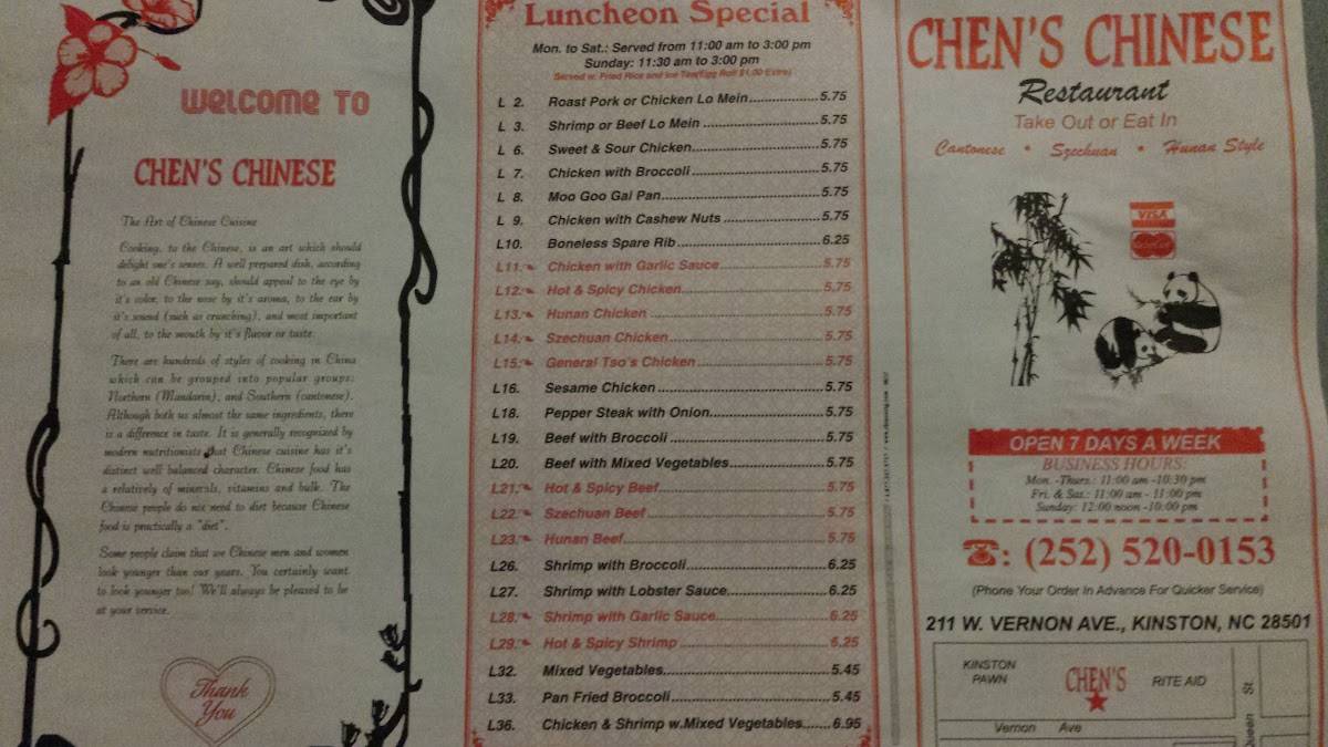Menu at Chen's Chinese restaurant, Kinston