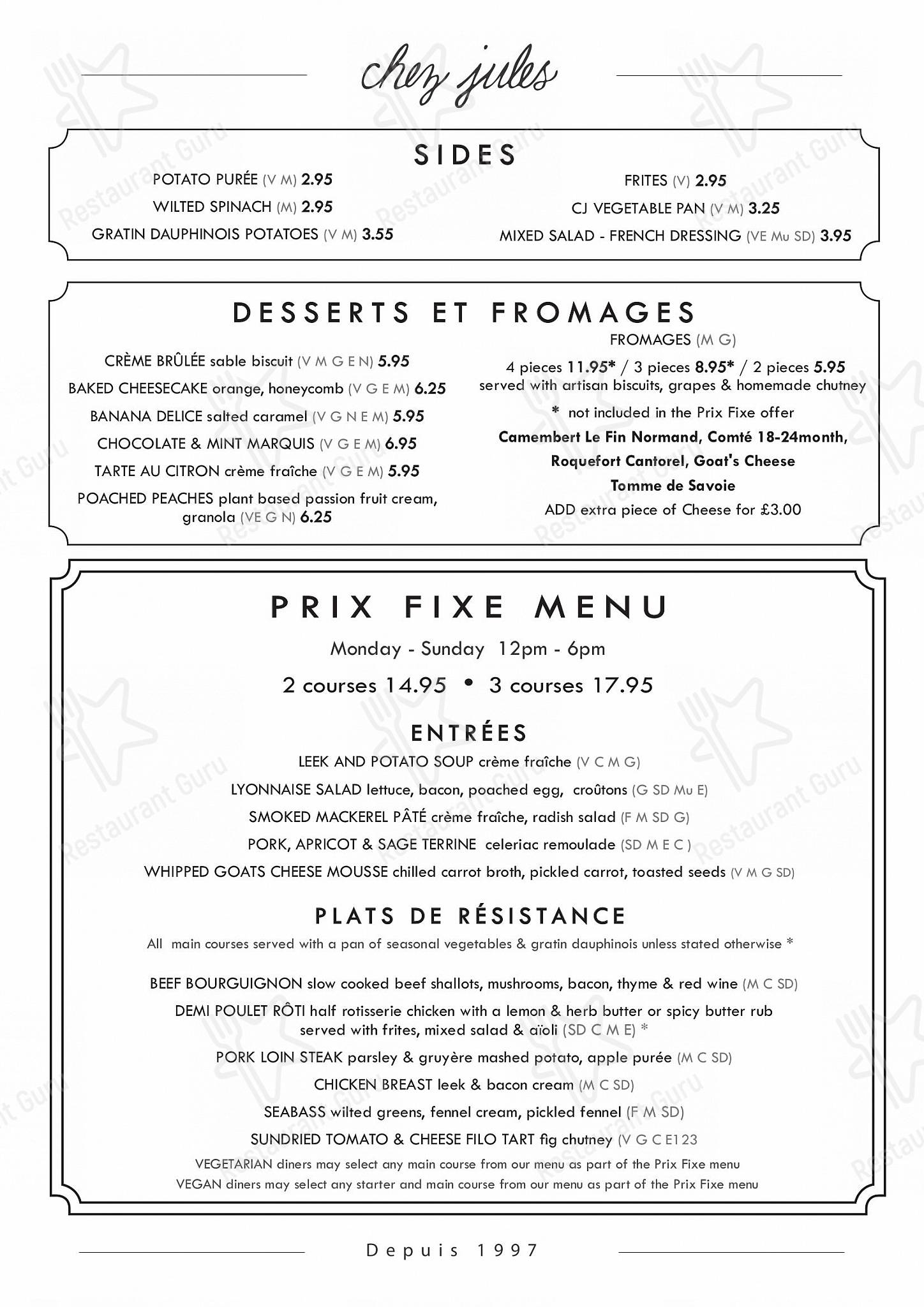 Menu at Chez Jules in Chester restaurant, Chester