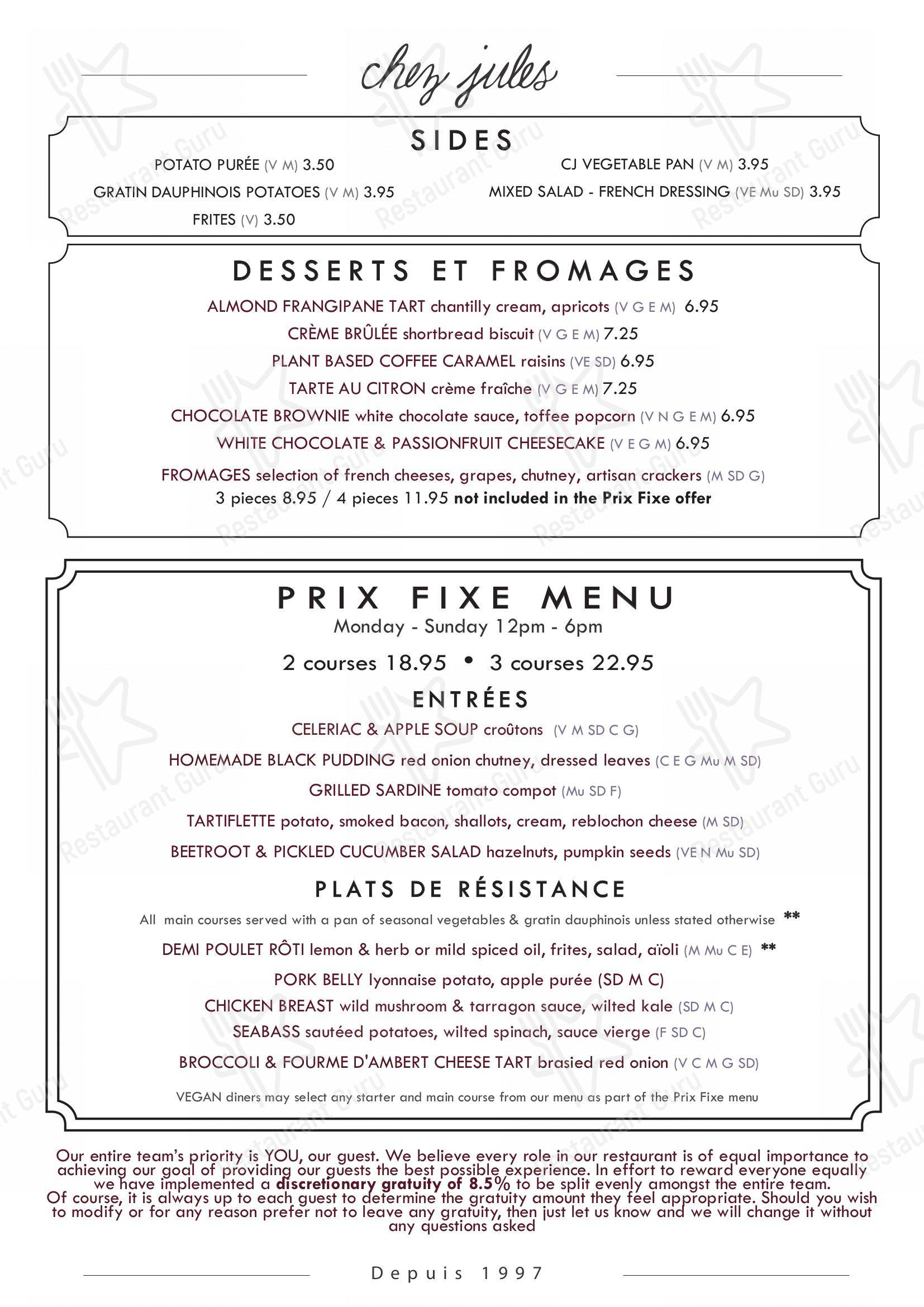 Menu at Chez Jules in Chester restaurant, Chester