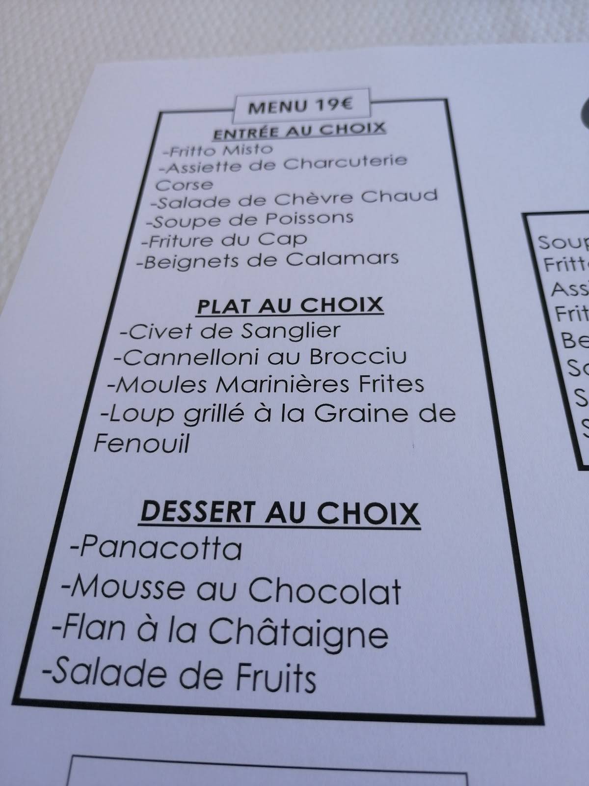 Carta de Restaurant Chez Mémé, Bastia