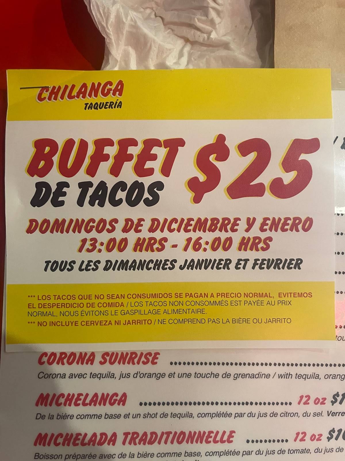 Menu au Chilanga Taqueria restaurant, Montréal