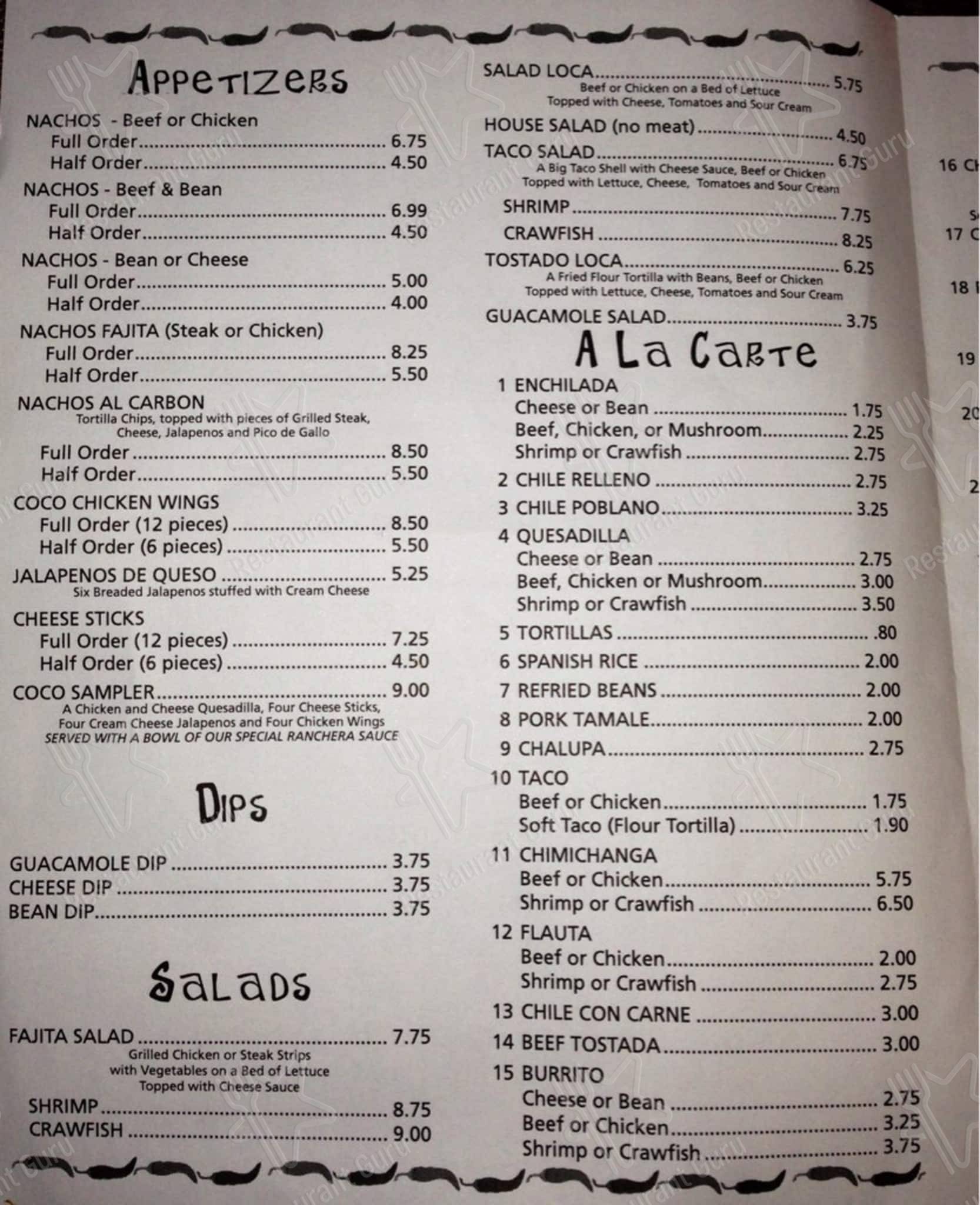 Menu at Coco Loco restaurant, Moss Point