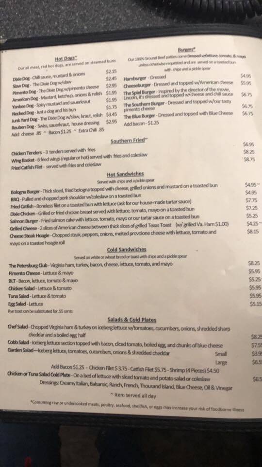 Menu at Dixie Restaurant, Petersburg