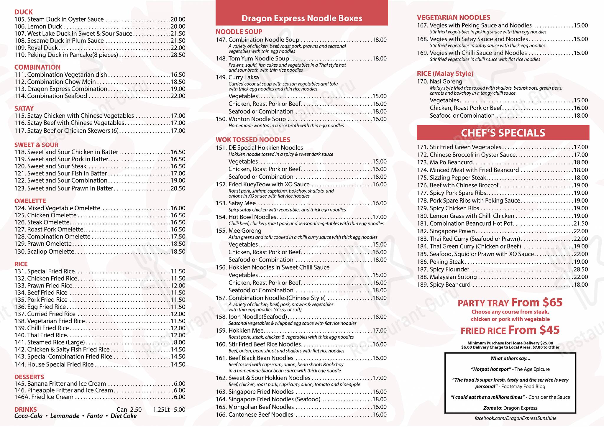 Menu at Dragon Express restaurant, Sunshine
