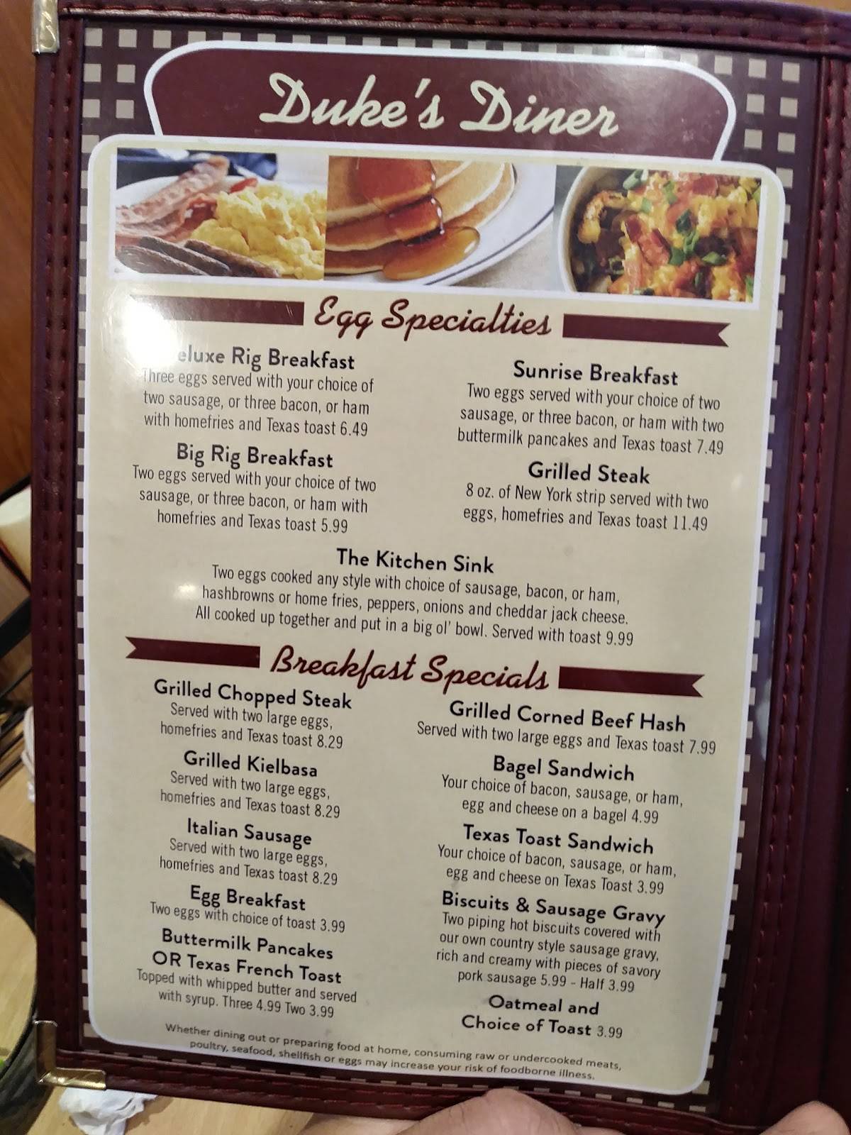 Menu at Duke's Diner restaurant, Eighty Four