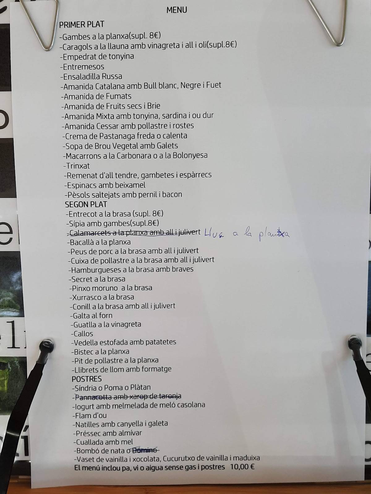 Carta de Restaurant El Molí, Tornabous