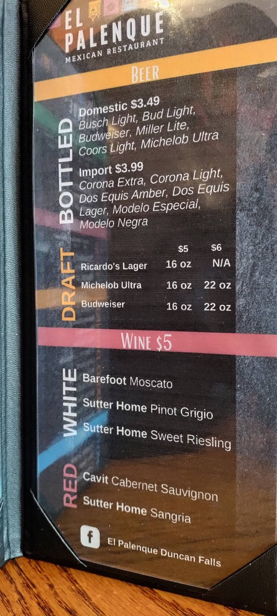 Menu at El Palenque Mexican Restaurant, Duncan Falls