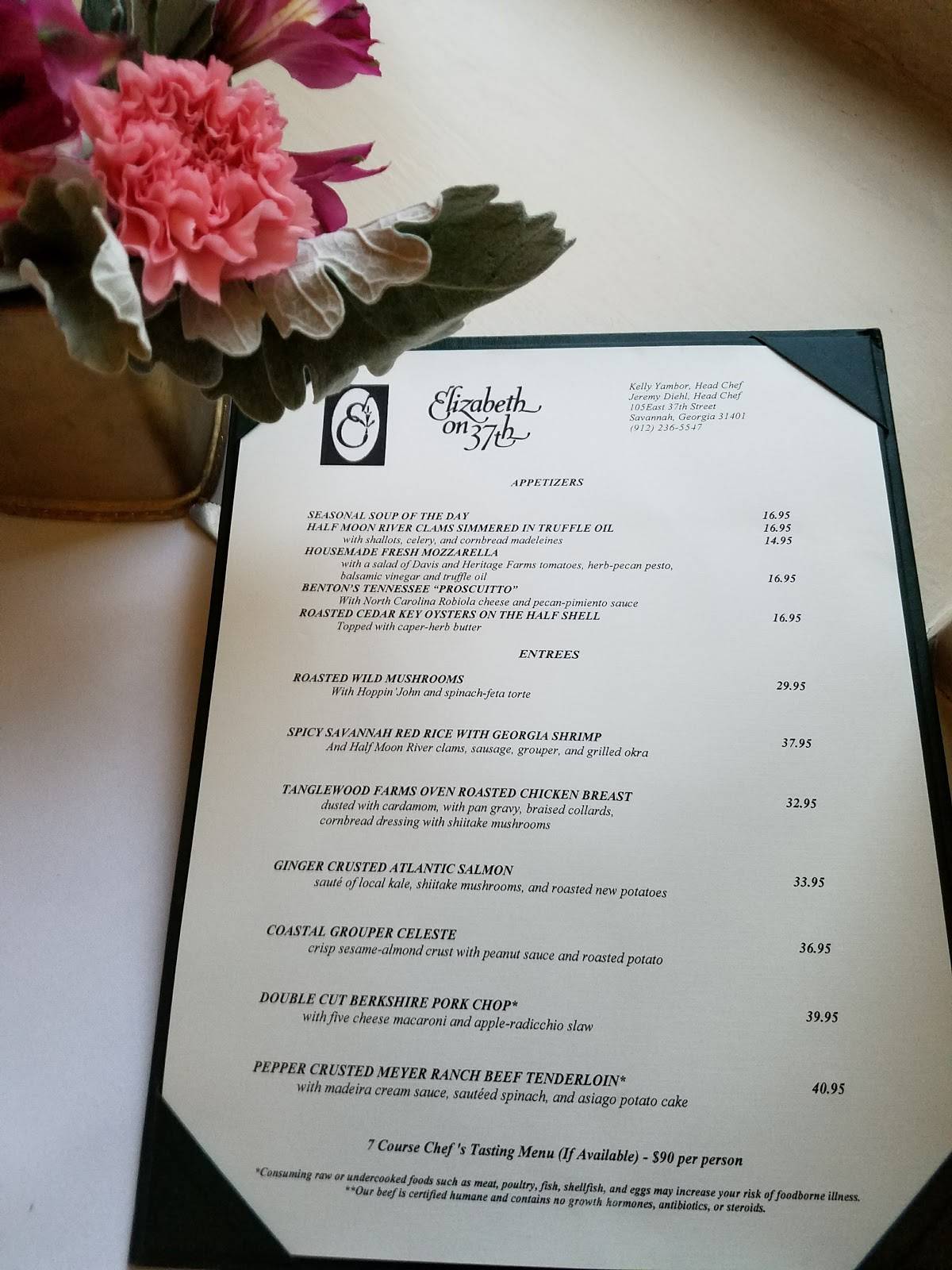 Menu at Elizabeth's on 37th restaurant, Savannah