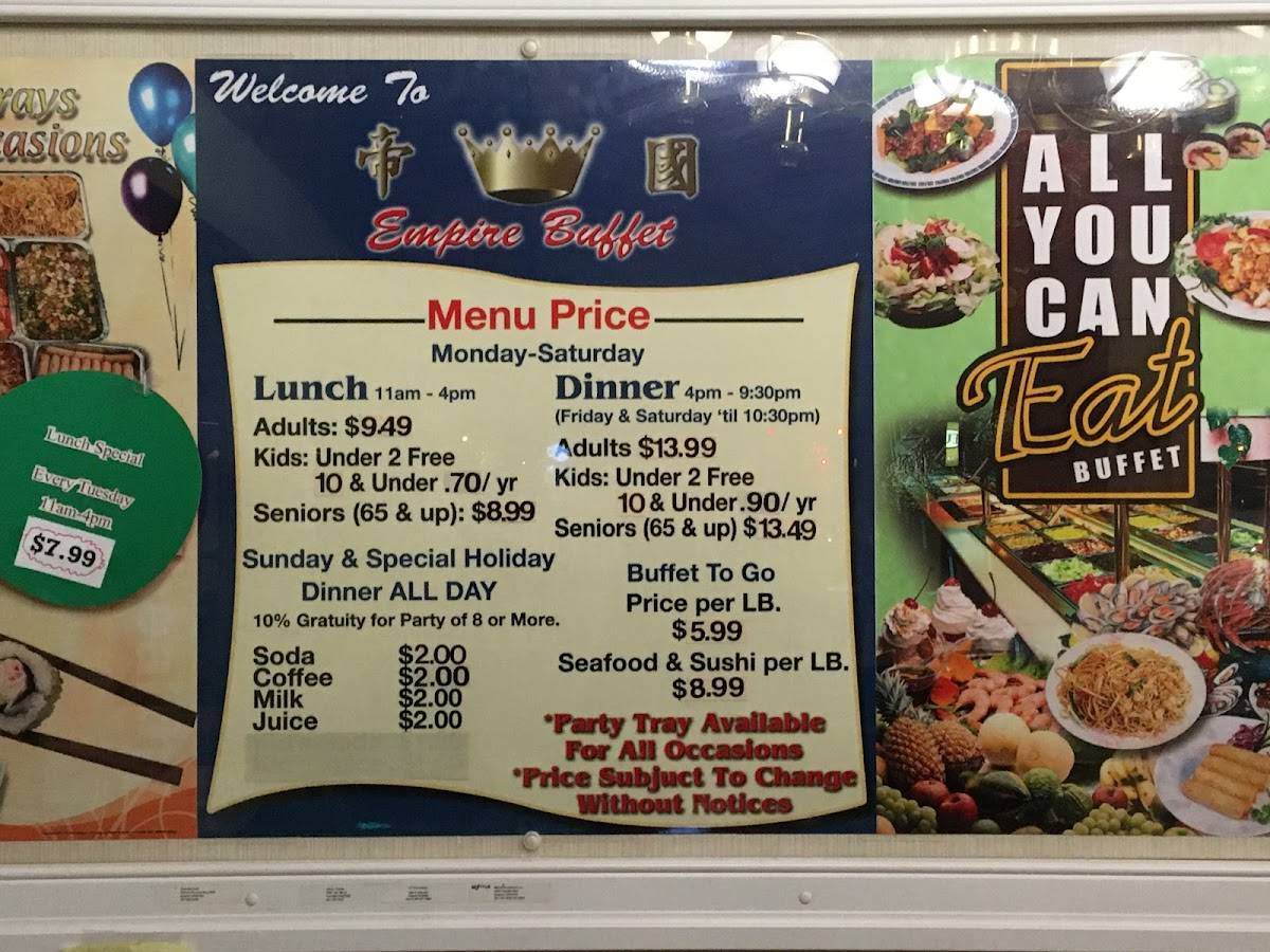 Menu at Empire Buffet restaurant, Eugene