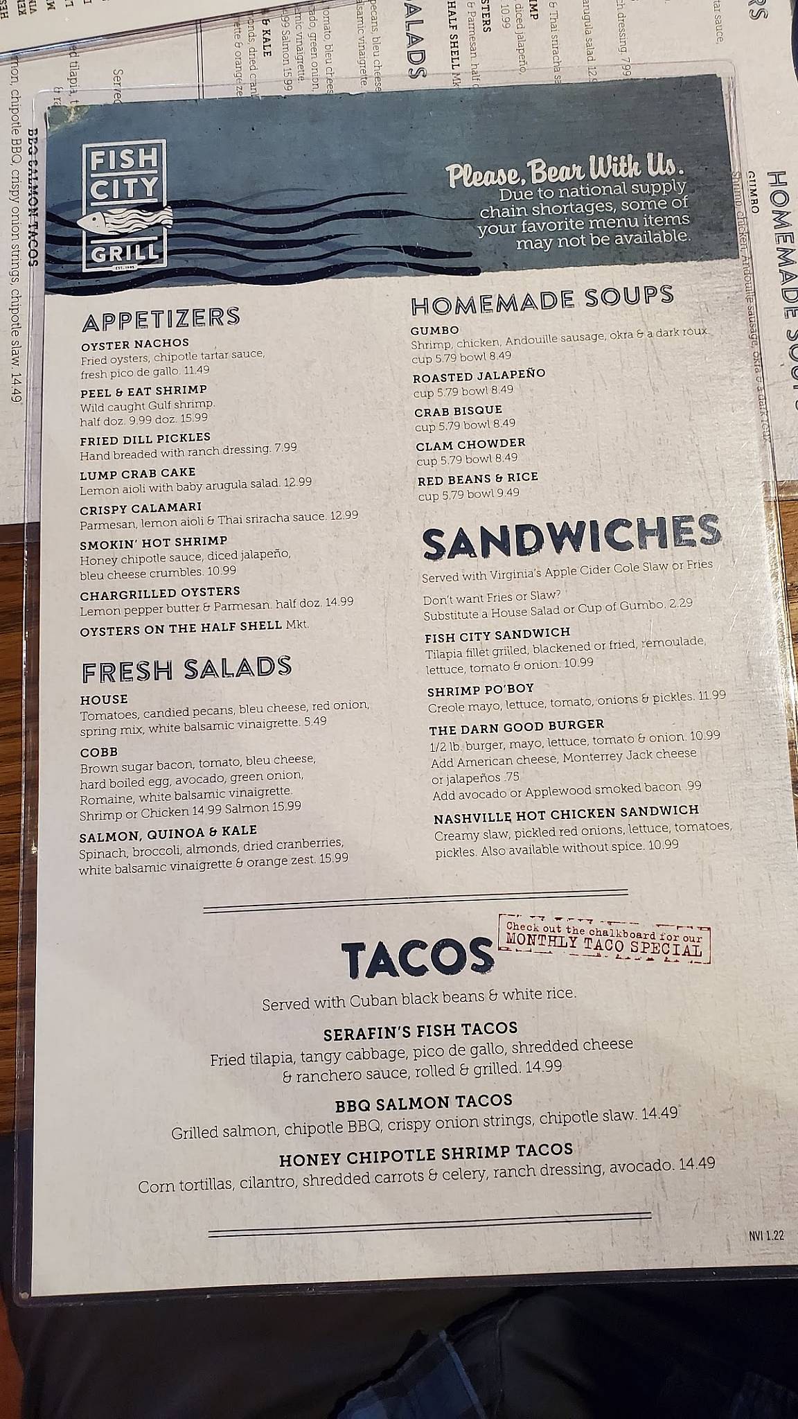 Menu at Fish City Grill restaurant, Flower Mound