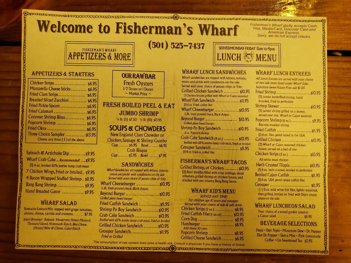 Menu at Fisherman's Wharf Steak & Seafood restaurant, Lake Hamilton