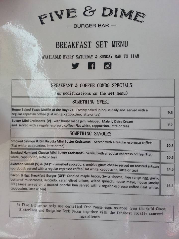 Menu at Five and Dime Burger Bar - Maroochydore, Maroochydore