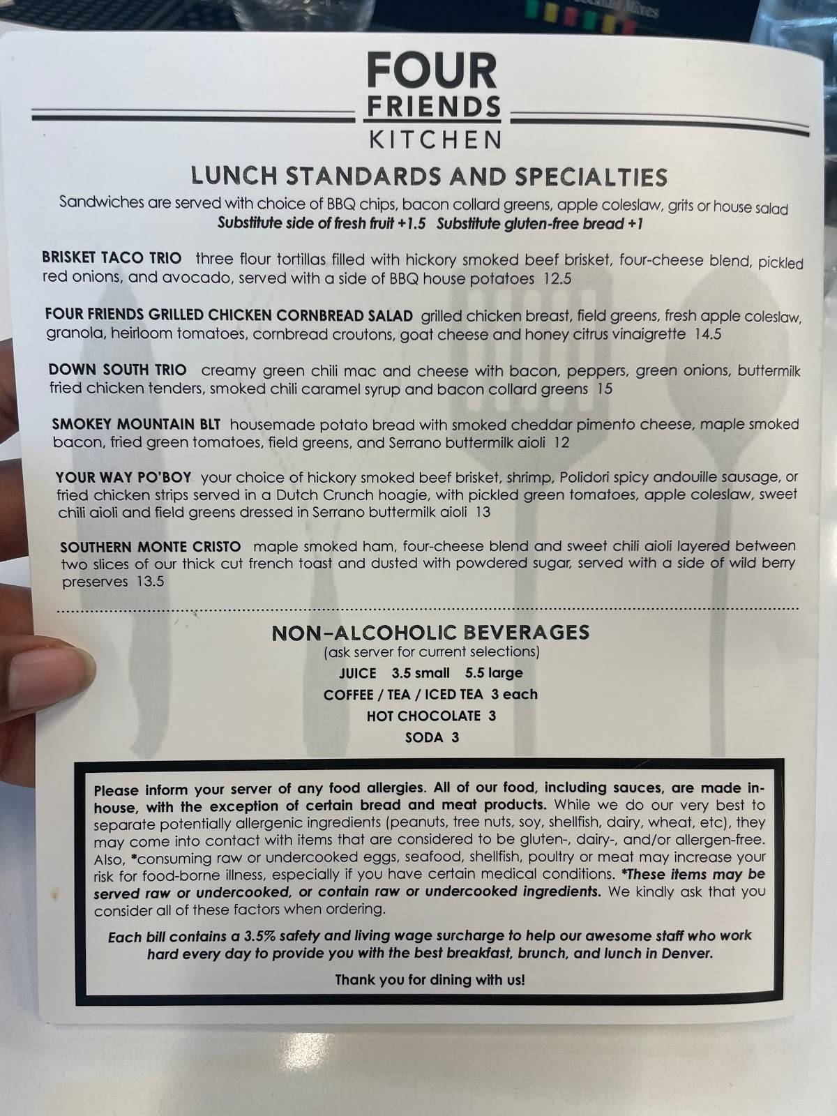 Menu at Four Friends Kitchen restaurant, Denver, Roslyn St
