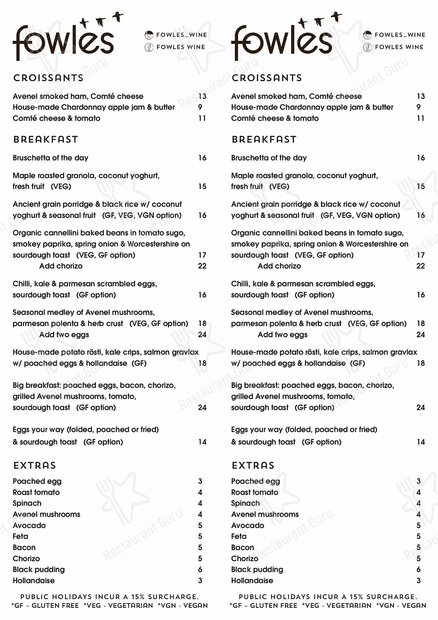 Menu at Fowles Wine cafe, Avenel