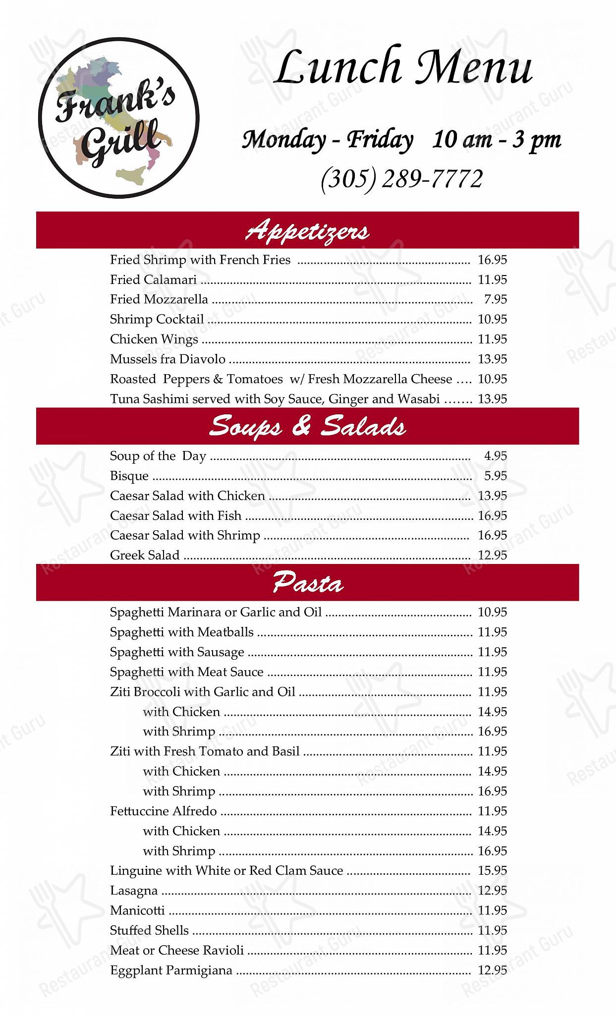 Menu at Frank's Grill restaurant, Marathon