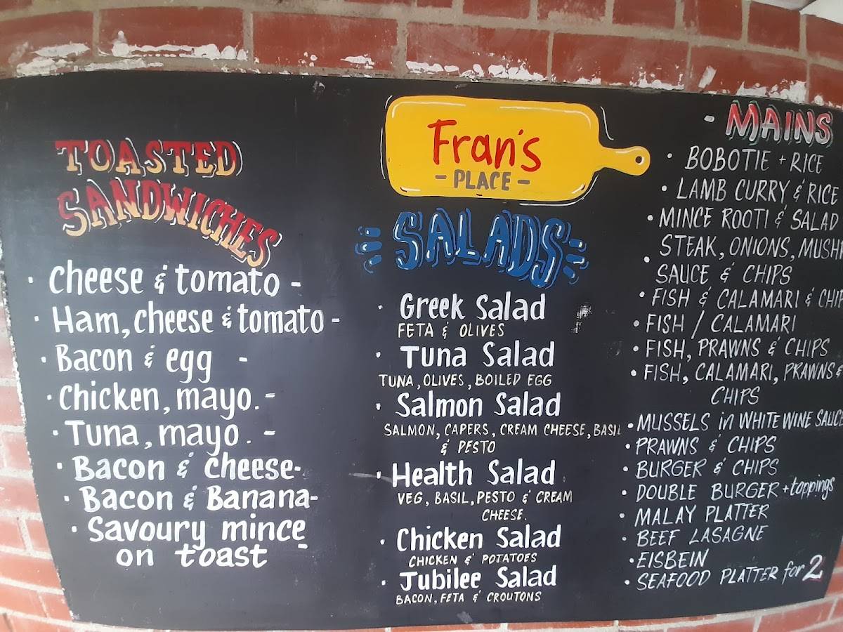 Menu at Fran's Place restaurant, Cape Town, 111 Jubilee St