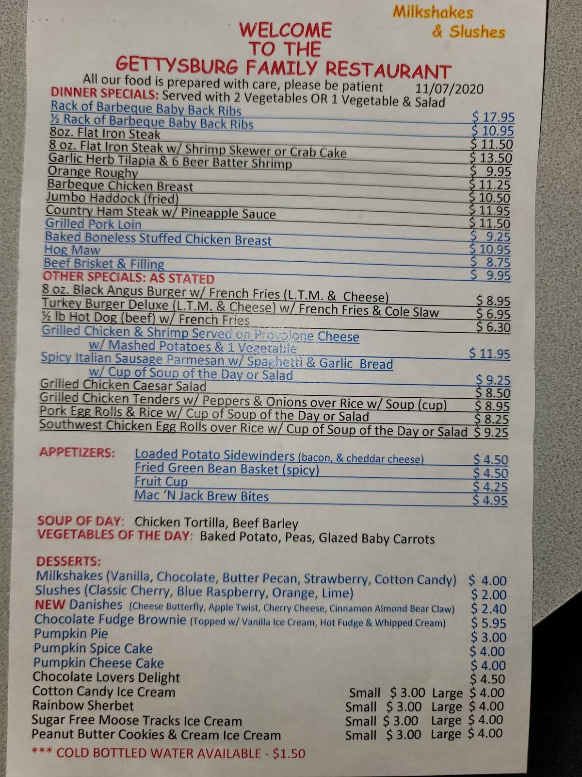 Menu at Gettysburg Family Restaurant, Gettysburg, York St #5